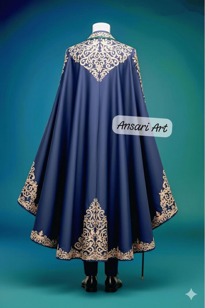 Regal Navy Blue Cape Suit With Gold Baroque Embroidery | Royal Fabric ...