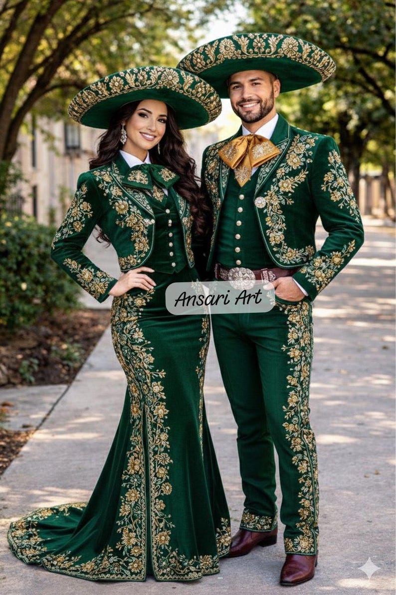 Matching Charro Wedding Outfits for Couple | Embroidered Mariachi Bride ...