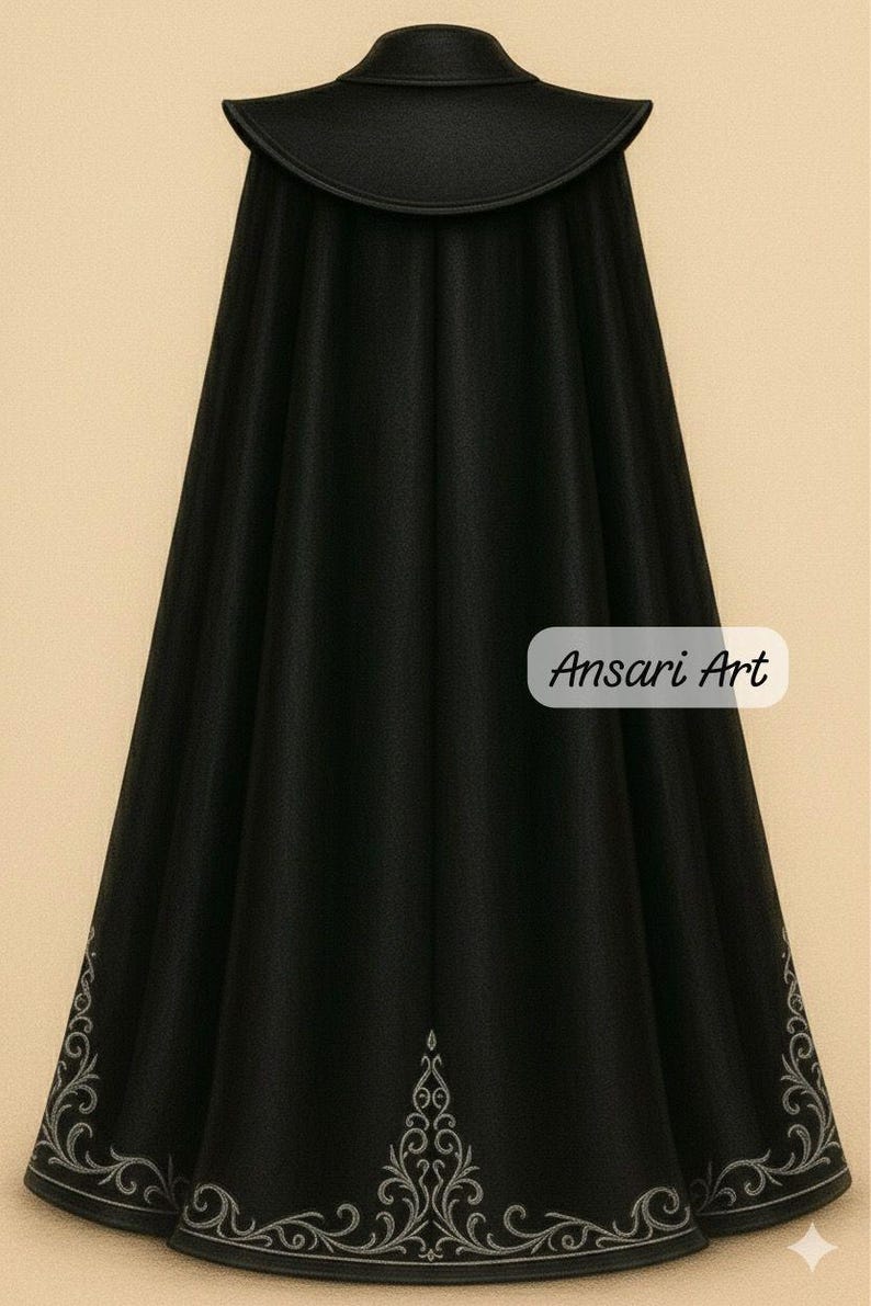 Black Wool Cloak With Silver Embroidery | Gothic Wedding Cape With Hook ...