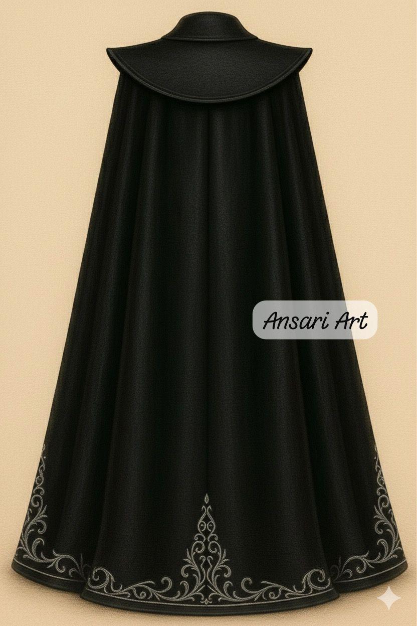Black Wool Cloak With Silver Embroidery | Gothic Wedding Cape With Hook ...