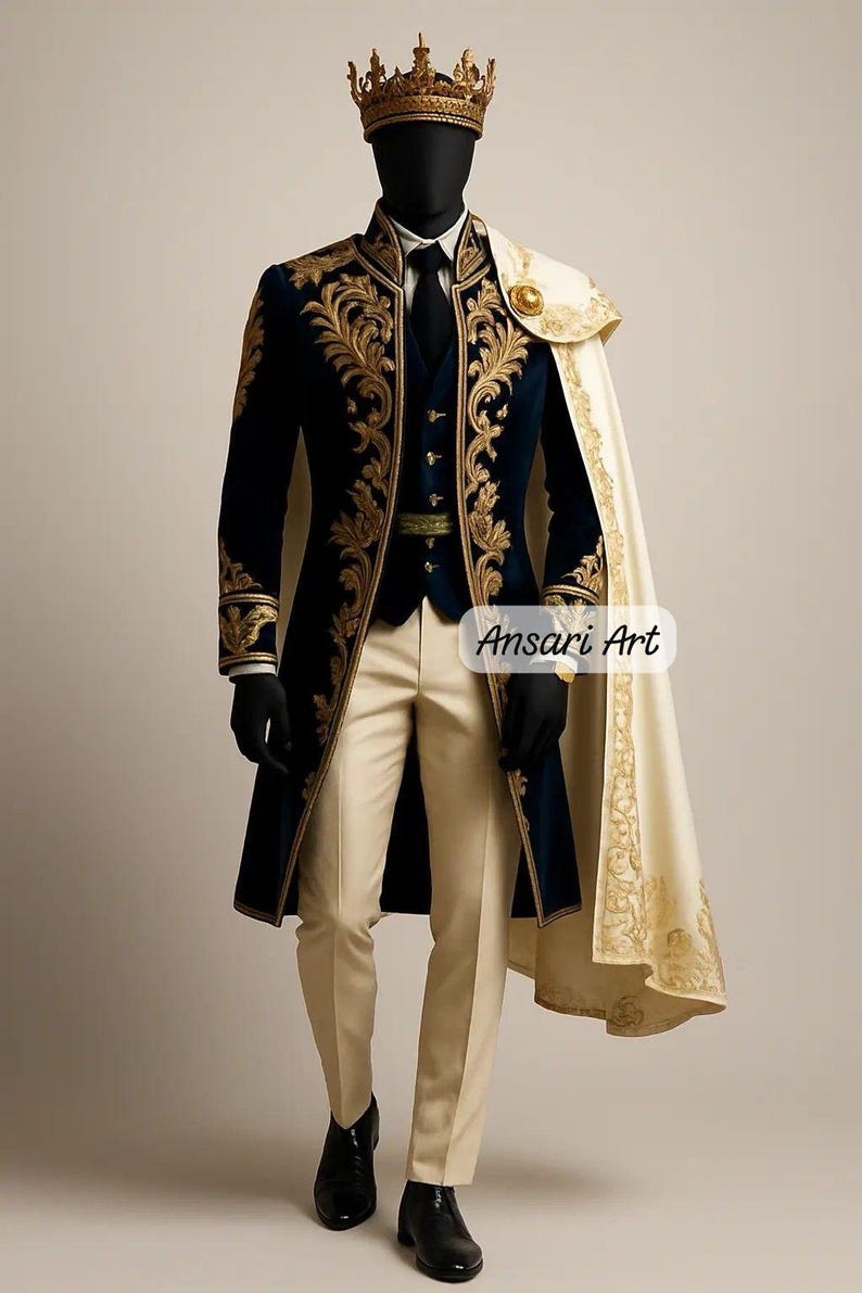 Men Royal Blue Velvet King Costume. Gold Embroidered Frock Coat & Cape ...