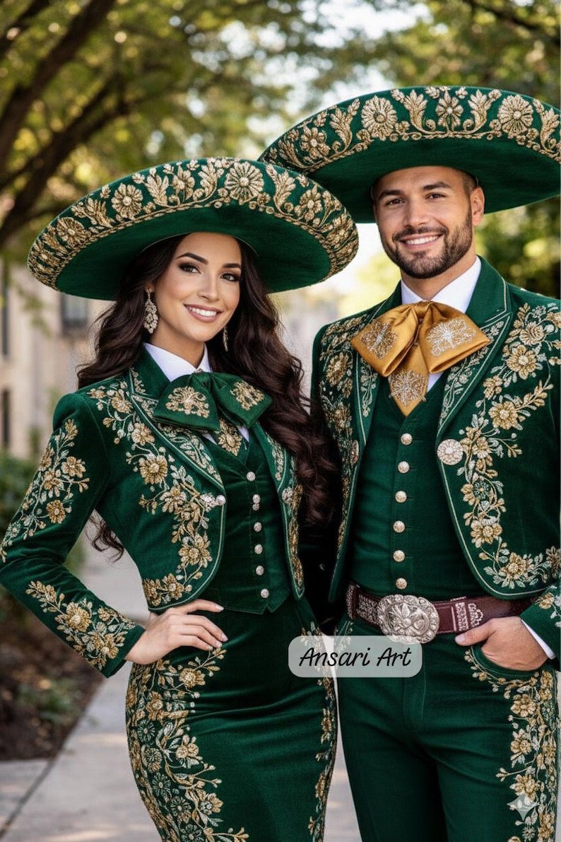 Matching Charro Wedding Outfits for Couple | Embroidered Mariachi Bride ...