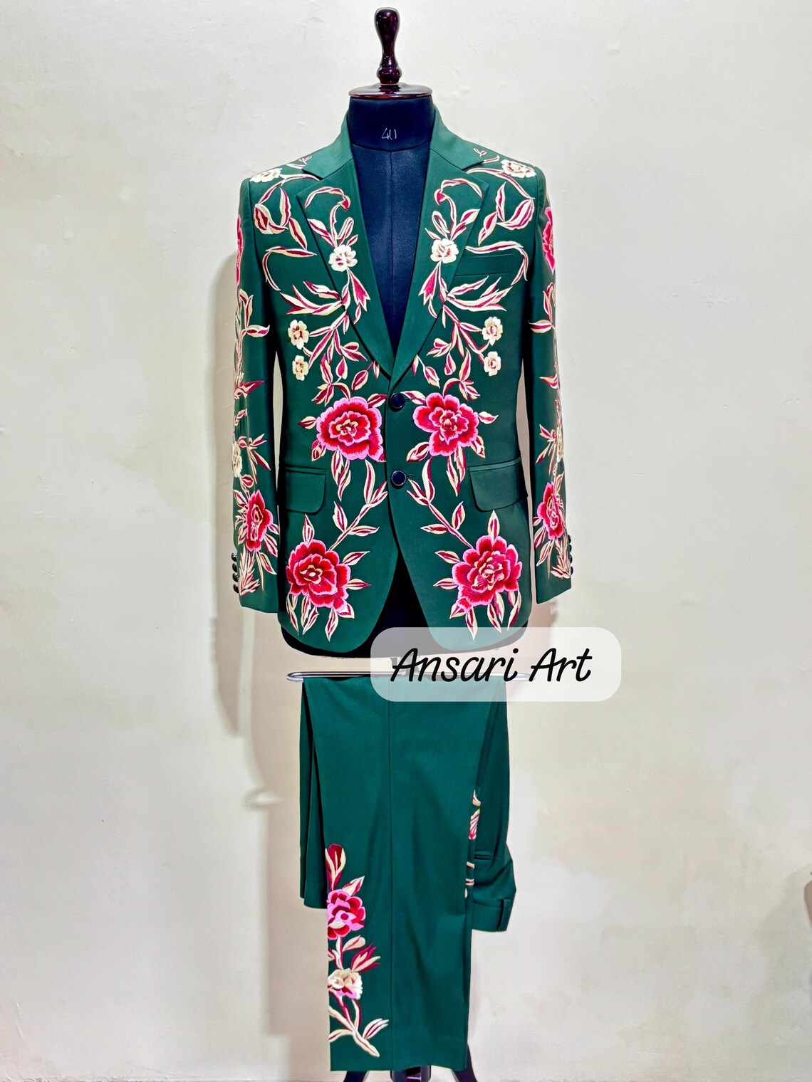 Men Designer Green 2pc Customized Floral Flowers Embroidered Country ...