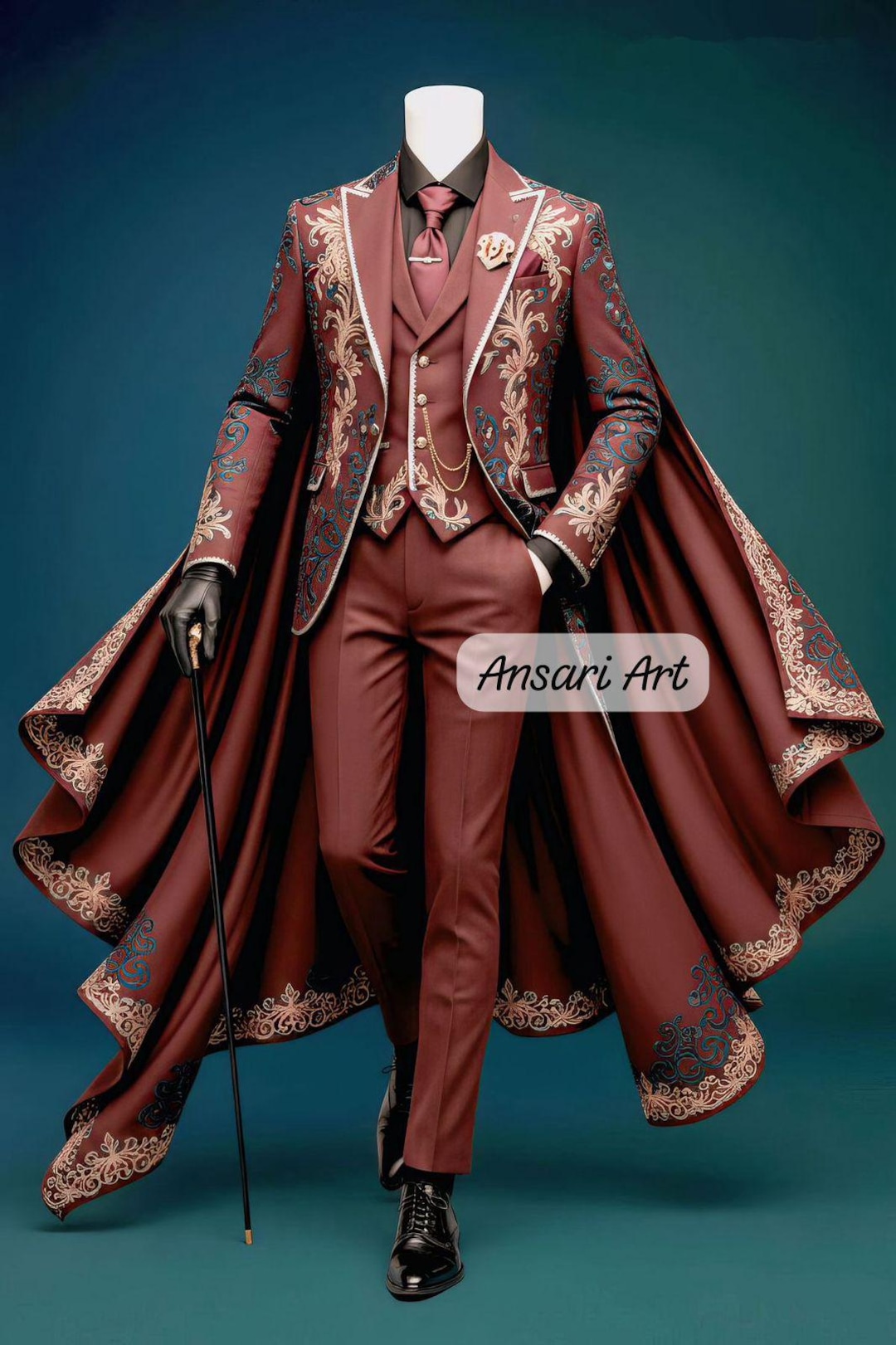 Maroon Cape Tuxedo With Gold & Teal Embroidery | Royal Brocade 4-piece ...