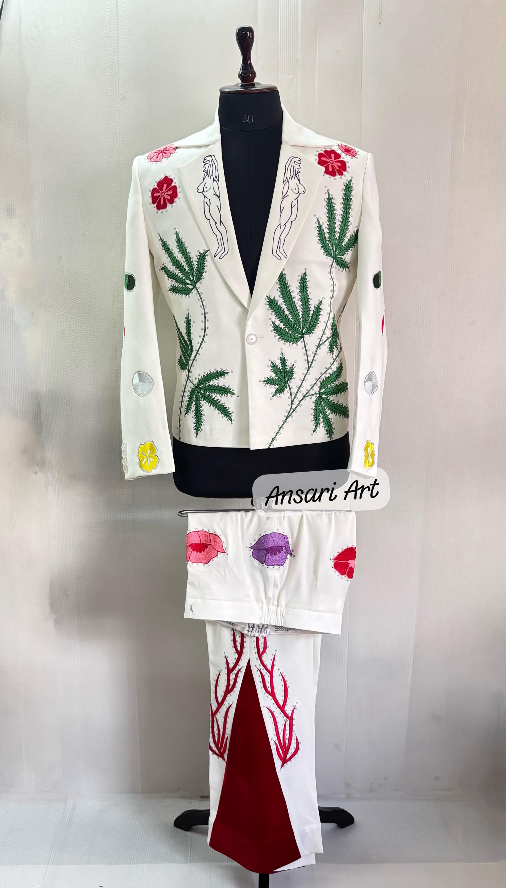 Men Designer Ivory 2pc Bespoke Customized Floral Leaf Embroidered With ...