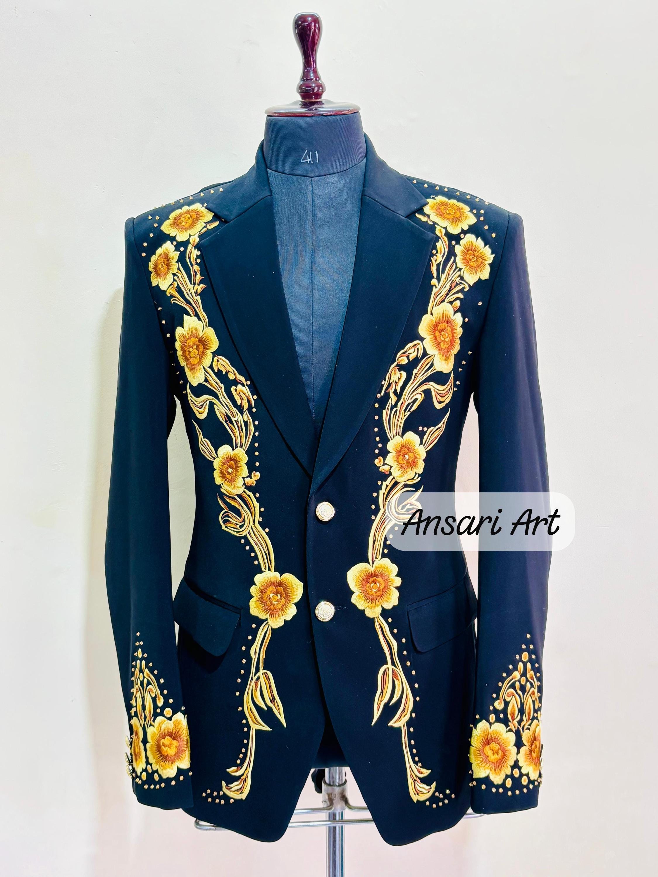 Men Black 2pc Customized Western Nudie Suit Floral & Eagle Embroidered ...