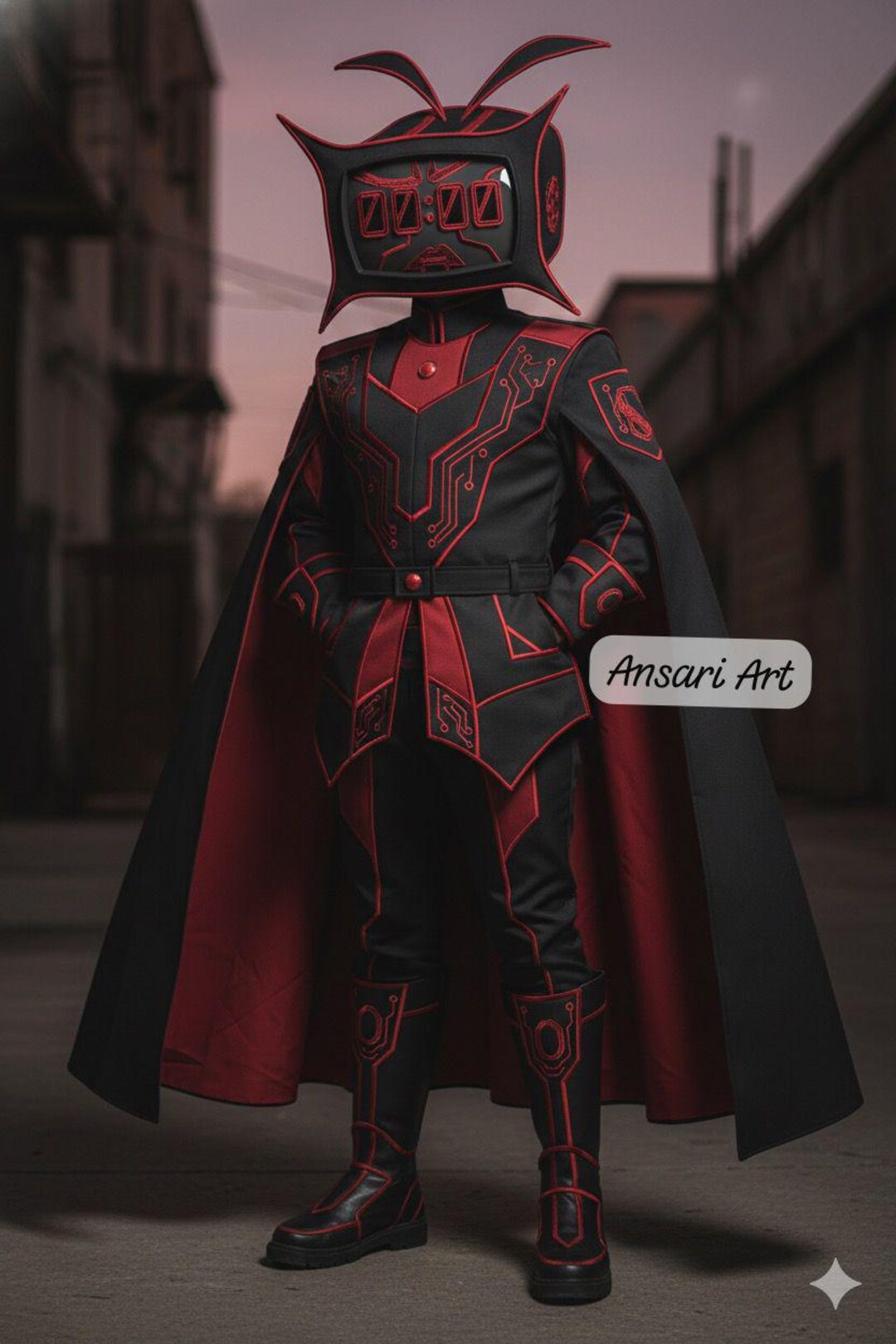 Cyberpunk Villain Costume With Cape & Helmet | Futuristic Black Red ...