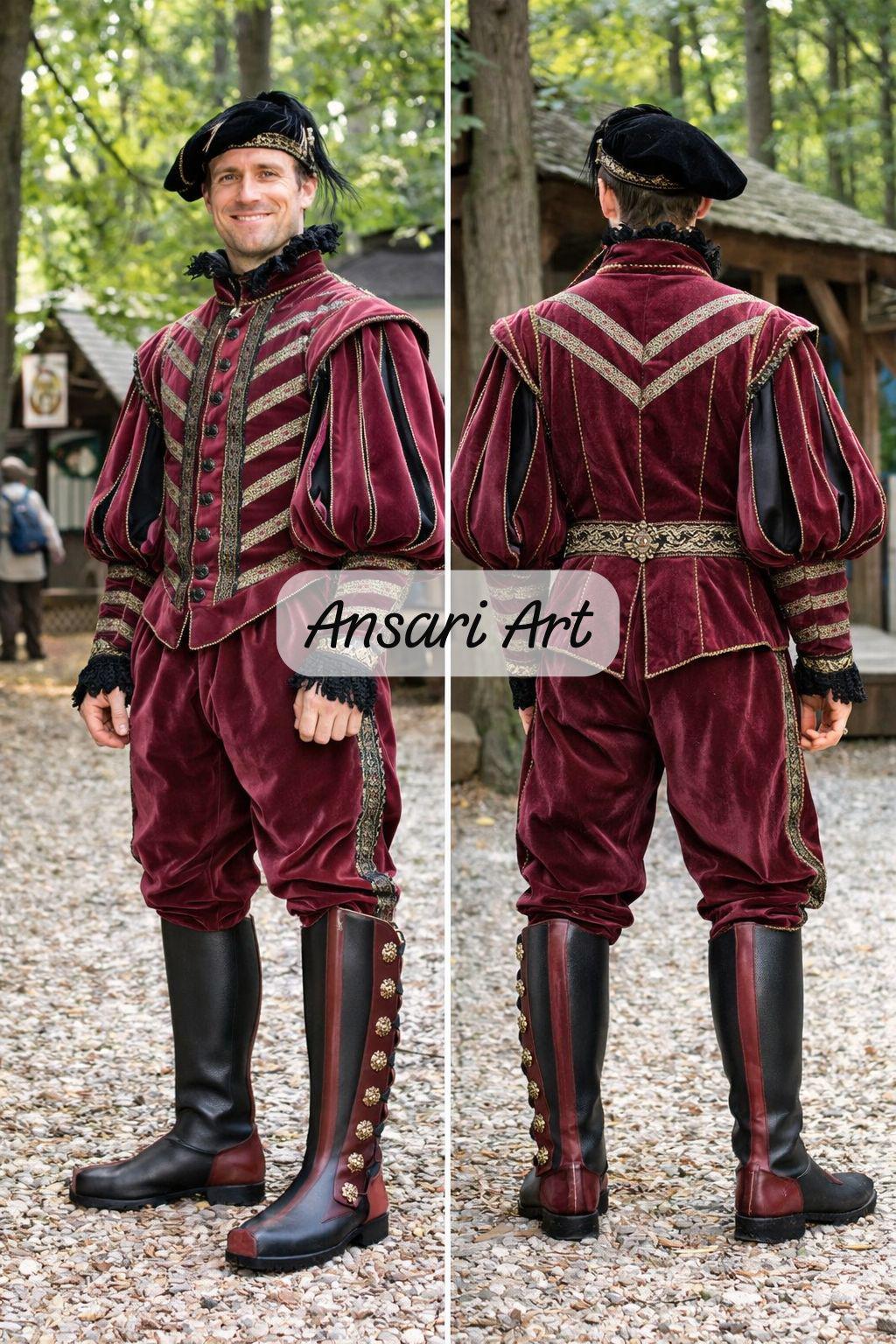Men Renaissance Medieval Burgundy Velvet Costume | Custom Tudor Noble ...
