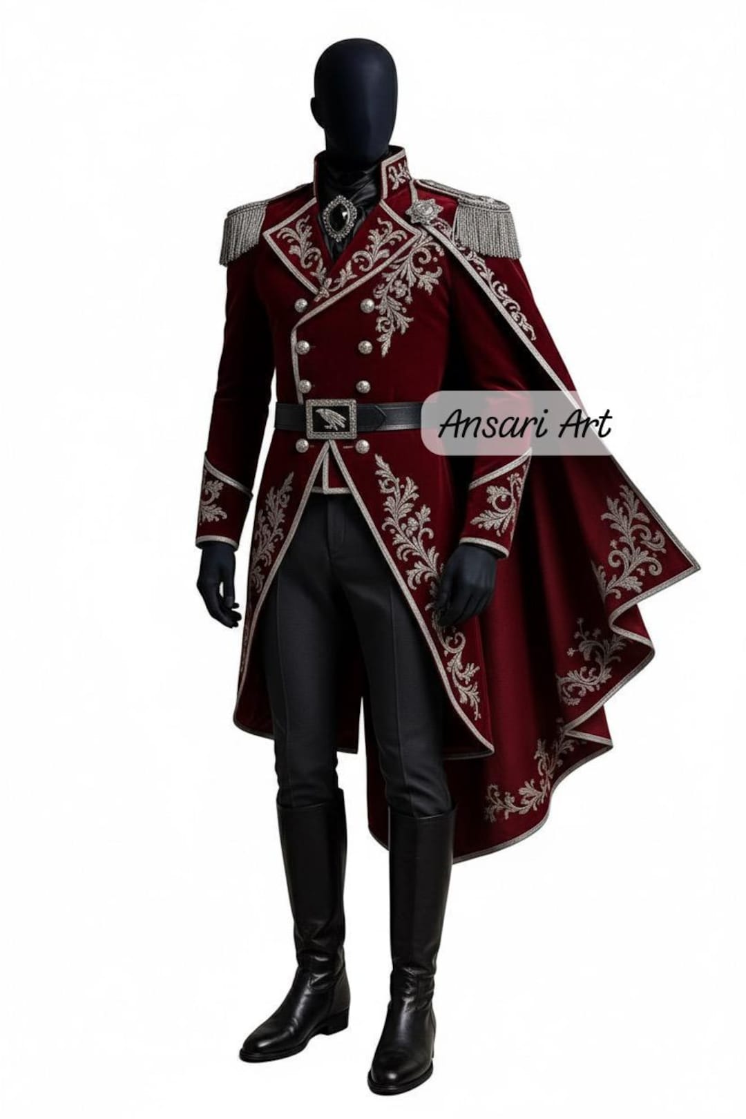 Regal Red Velvet Military Jacket, Silver Embroidered Cosplay Coat ...
