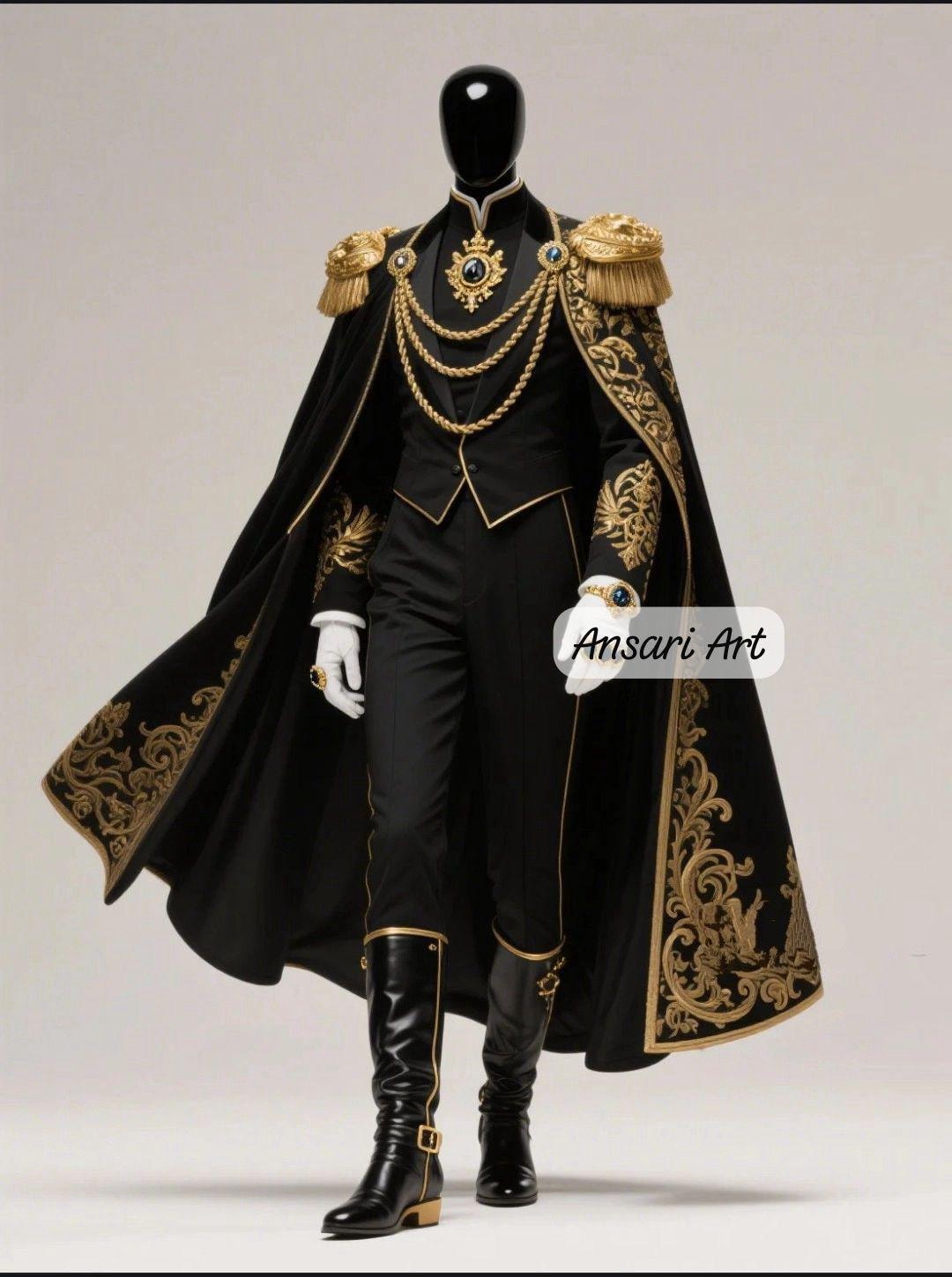 Royal Prince Costume Men, Black and Gold Military Suit, Fantasy King ...