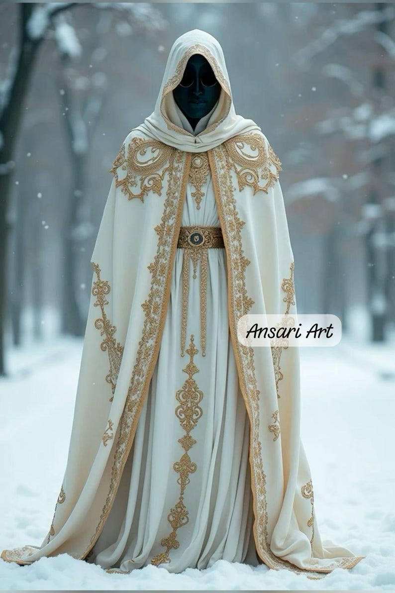 White/ivory Hooded Wedding Cloak With Gold Embroidery | Luxury Winter ...