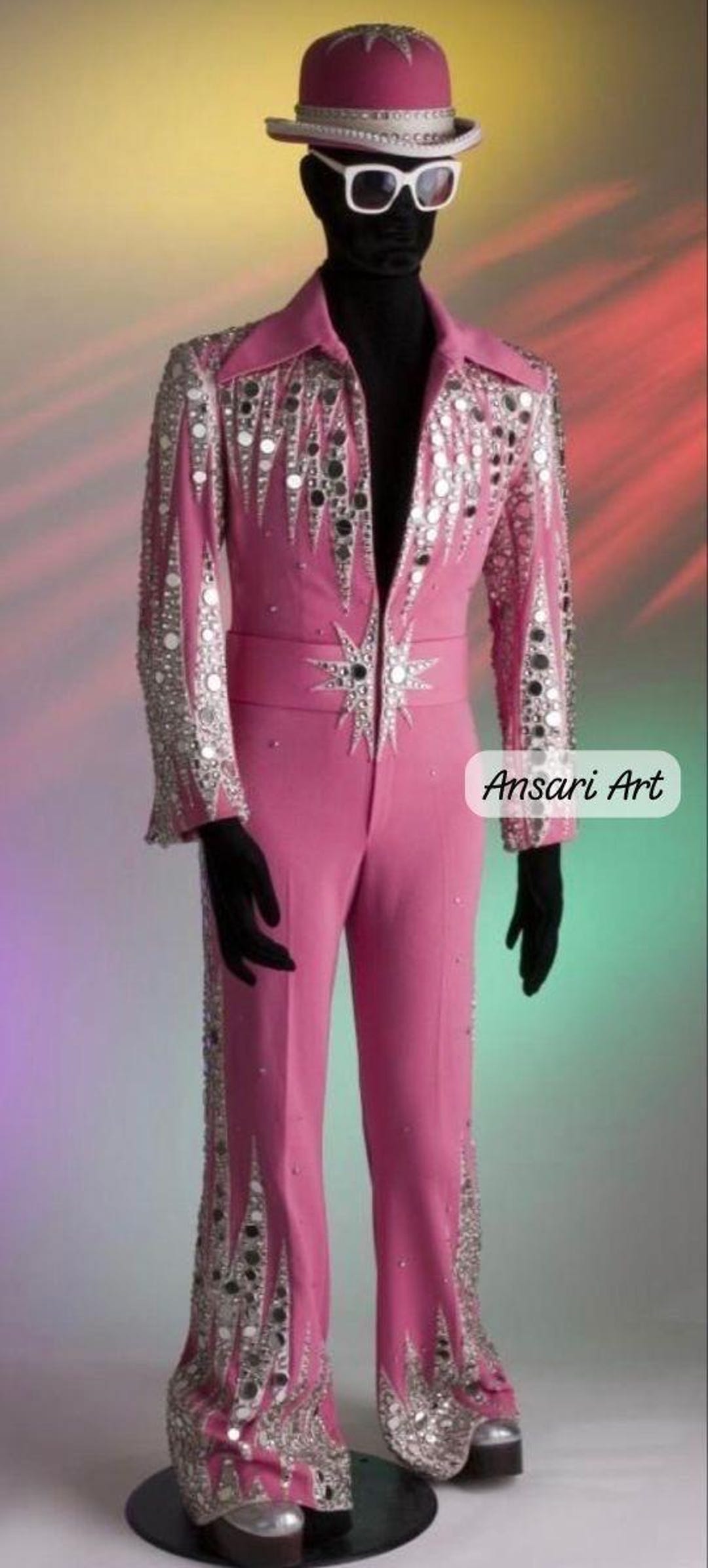 Pink Rhinestone Jumpsuit for Men, Custom Stage Costume, Crystal ...