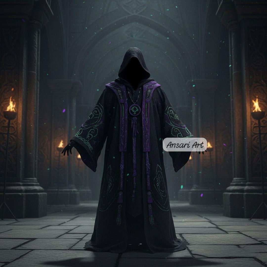 Black Sorcerer Robe With Purple & Green Accents, Mystical Wizard Cloak ...