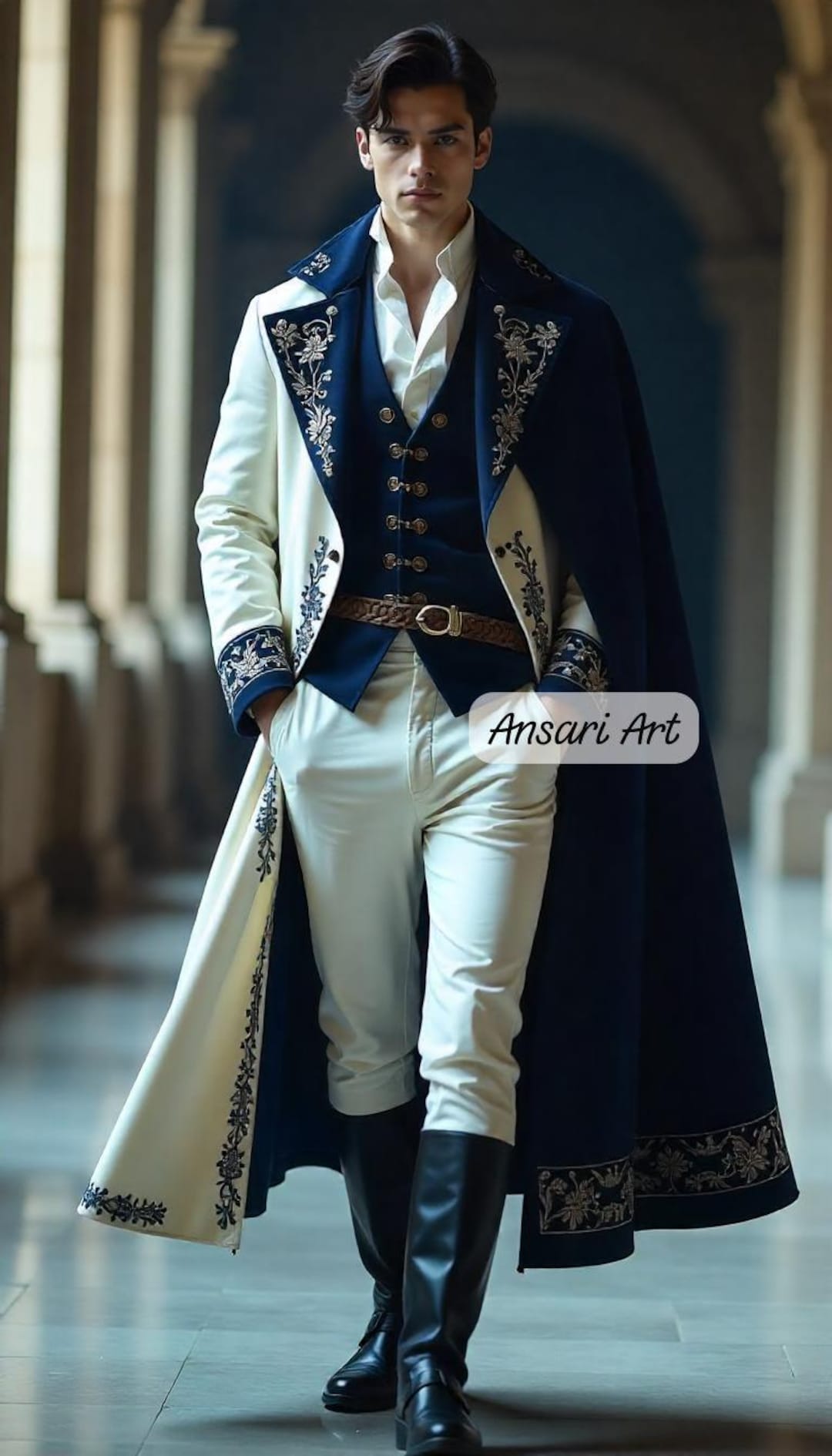 Men's Princely Wedding Suit, White Overcoat With Blue Embroidery, Royal ...