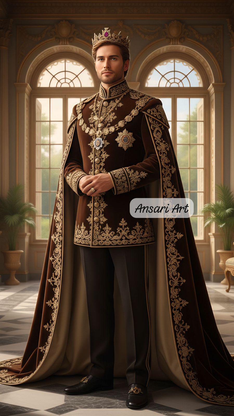 Men 3pc Bespoke Brown Velvet Royal Uniform & Cape | Custom Gold ...