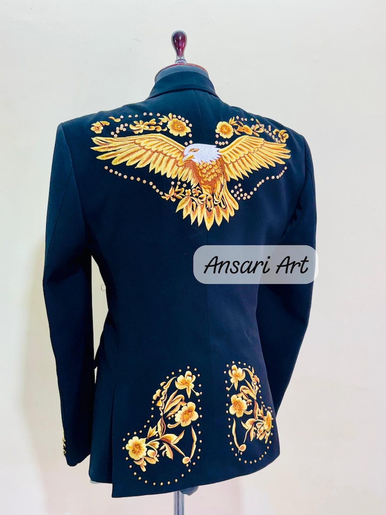 Men Black 2pc Customized Western Nudie Suit Floral & Eagle Embroidered ...