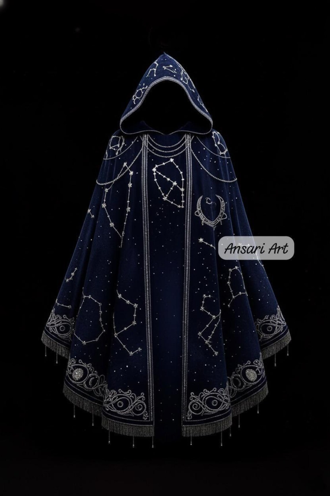 Luxury Celestial Hooded Cloak, Deep Blue Velvet Starlight Robe, Gothic ...