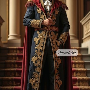Royal Prince Costume Men, Black and Gold Embroidered Tunic, Red Velvet ...