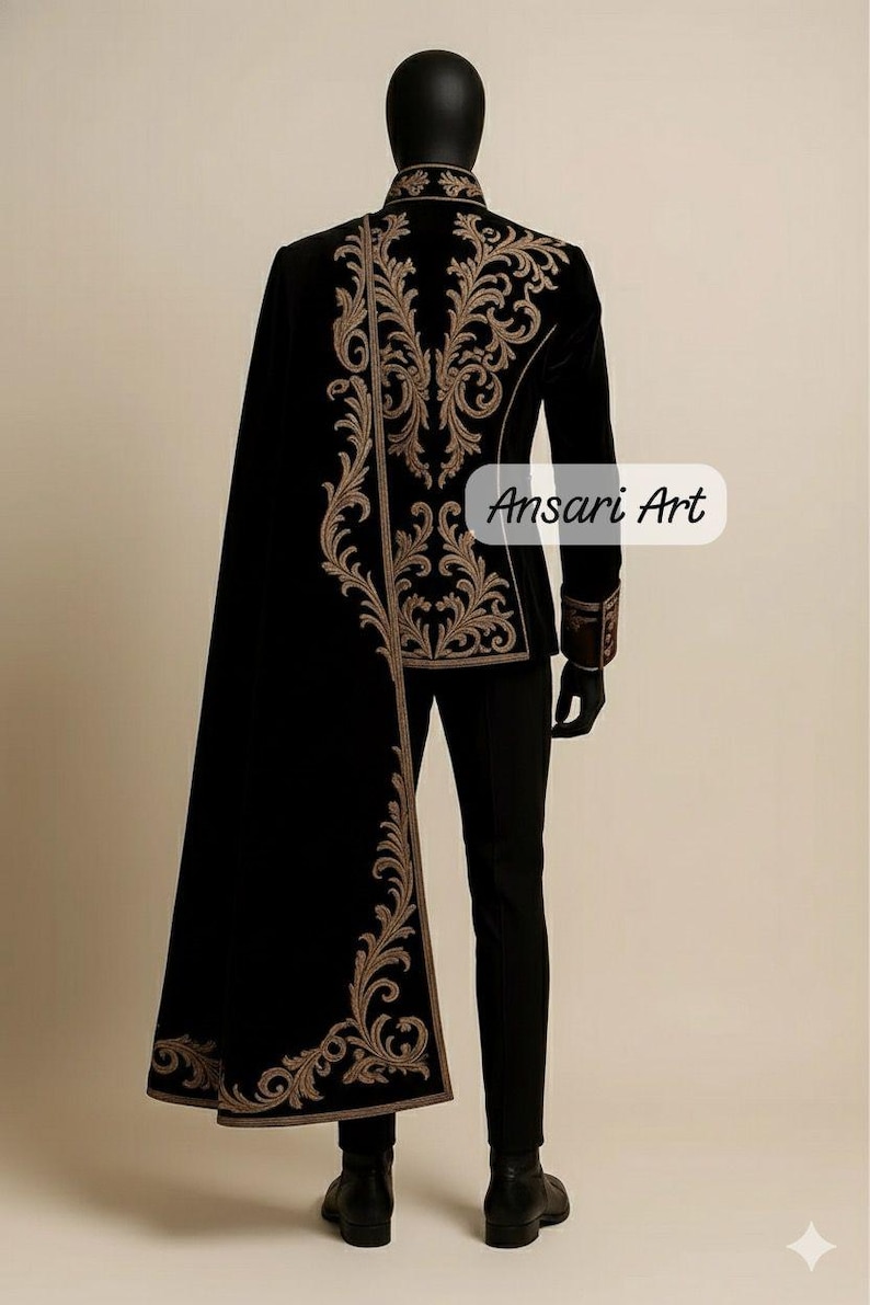 Men Gothic Prince Costume. Black Velvet Gold Embroidered Military Tunic ...