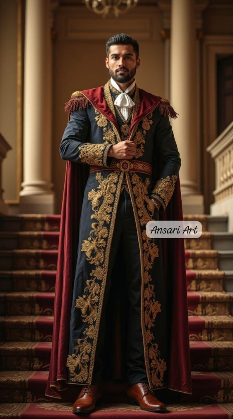 Royal Prince Costume Men, Black and Gold Embroidered Tunic, Red Velvet ...