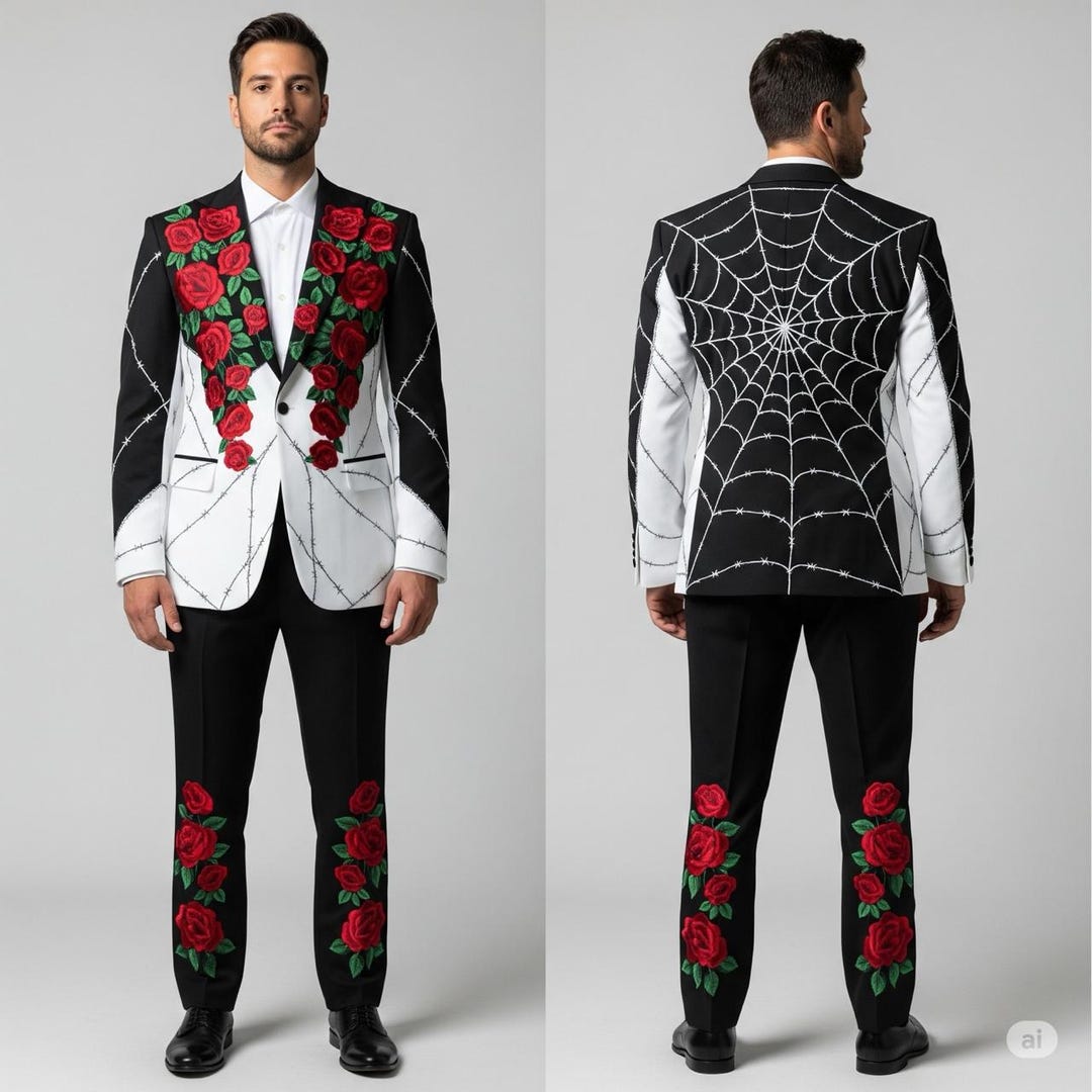 Barbed Wire Rose Embroidered 2pc Suit Jacket and Trousers | Gothic ...