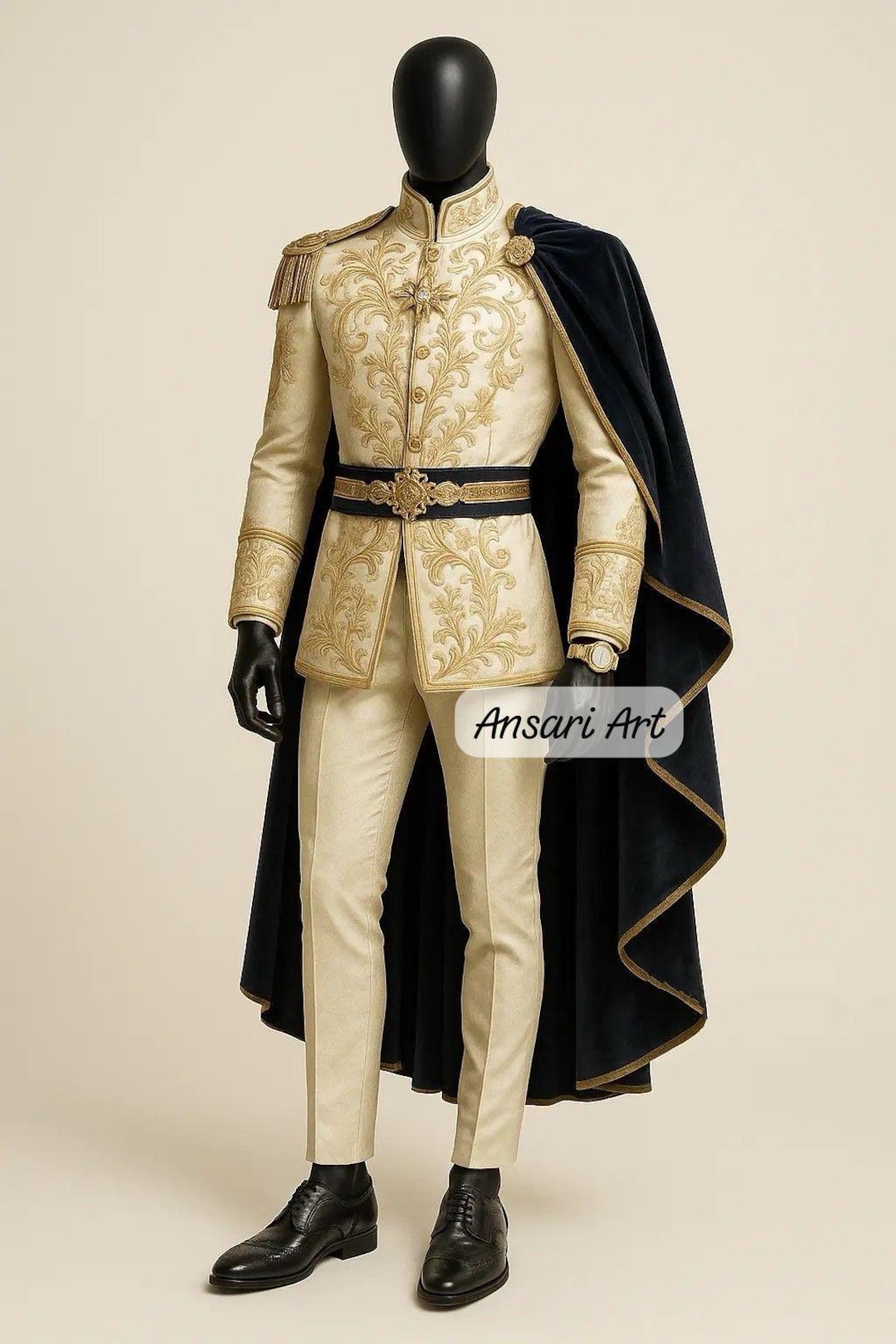 Men Royal Costume. Cream & Gold Embroidered Tunic Suit With Navy Velvet ...