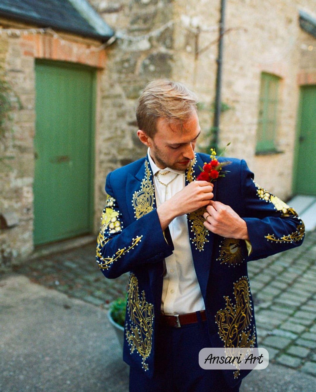 Men’s Royal Blue 2-piece Western Suit – Golden Floral Dragon Embroidery ...