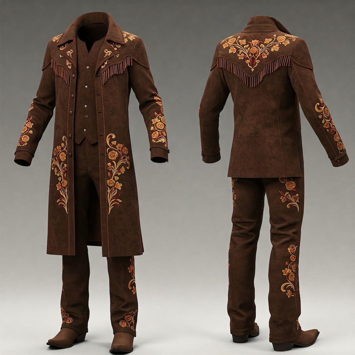 Men Designer Brown 3pc Customized Long Coat Floral Embroidered Country ...