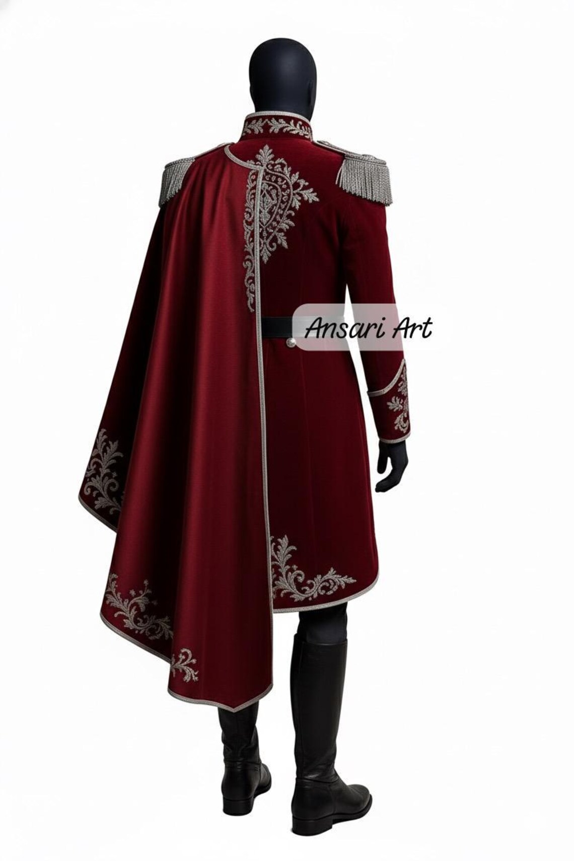 Regal Red Velvet Military Jacket, Silver Embroidered Cosplay Coat ...