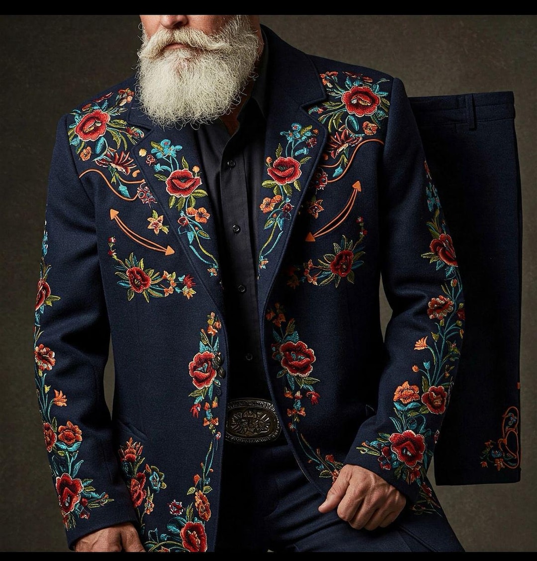 Men's Navy Blue 2-piece Custom Designer Floral Embroidered Suit ...