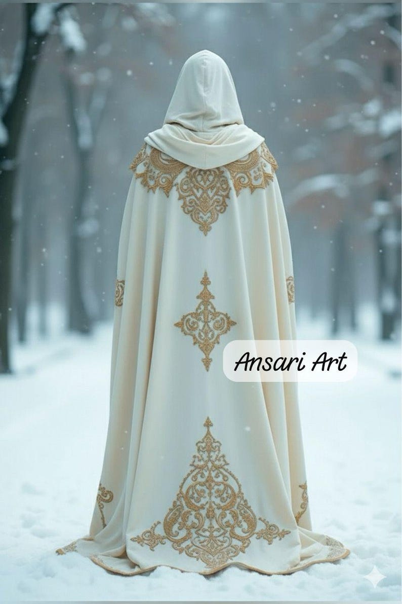 White/ivory Hooded Wedding Cloak With Gold Embroidery | Luxury Winter ...