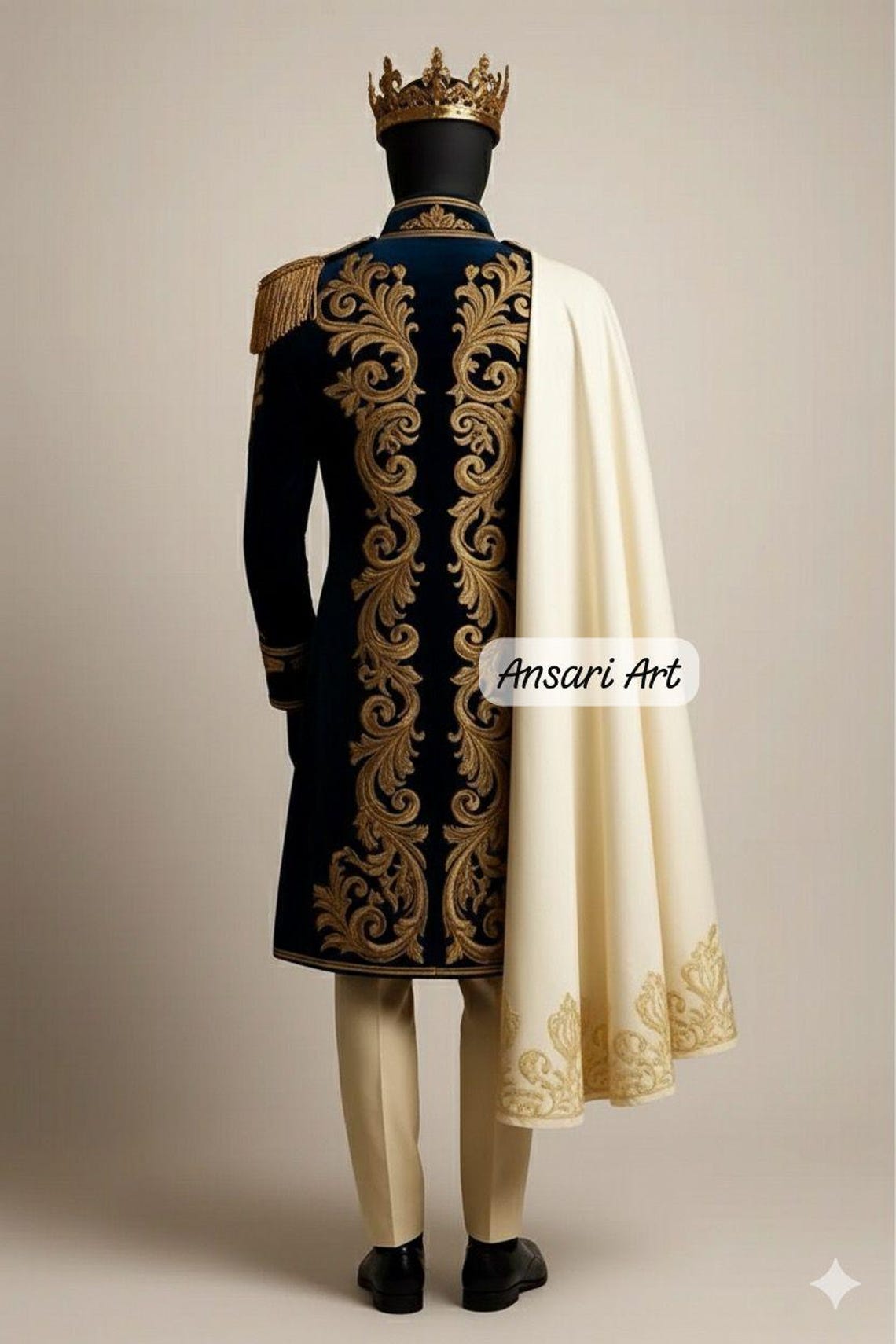 Men Royal Blue Velvet King Costume. Gold Embroidered Frock Coat & Cape ...