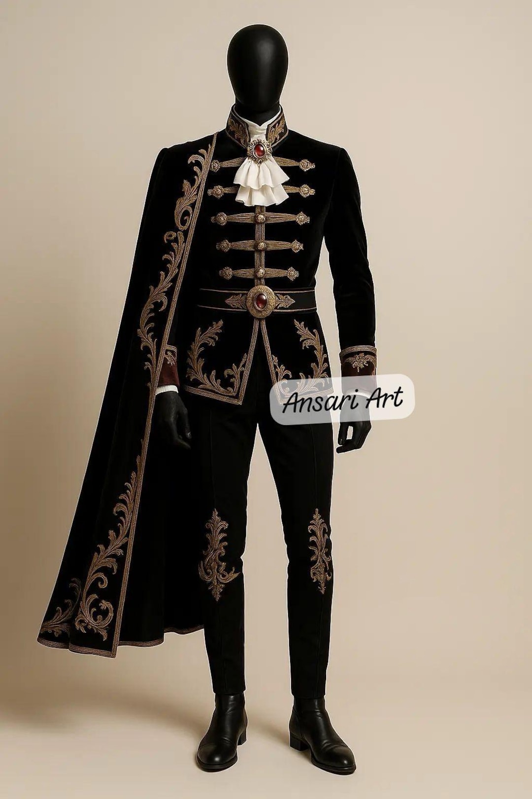 Men Gothic Prince Costume. Black Velvet Gold Embroidered Military Tunic ...