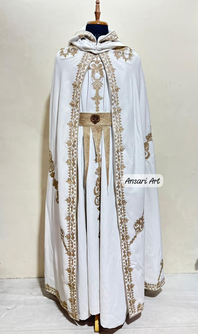 White/ivory Hooded Wedding Cloak With Gold Embroidery | Luxury Winter ...