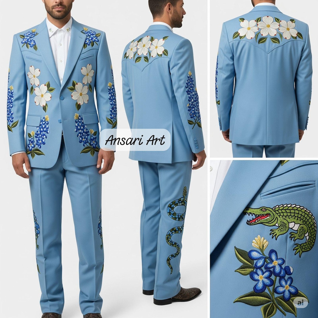 Men Sky Blue 2pc Customized Floral & Crocodile Embroidered Nudie Suit ...