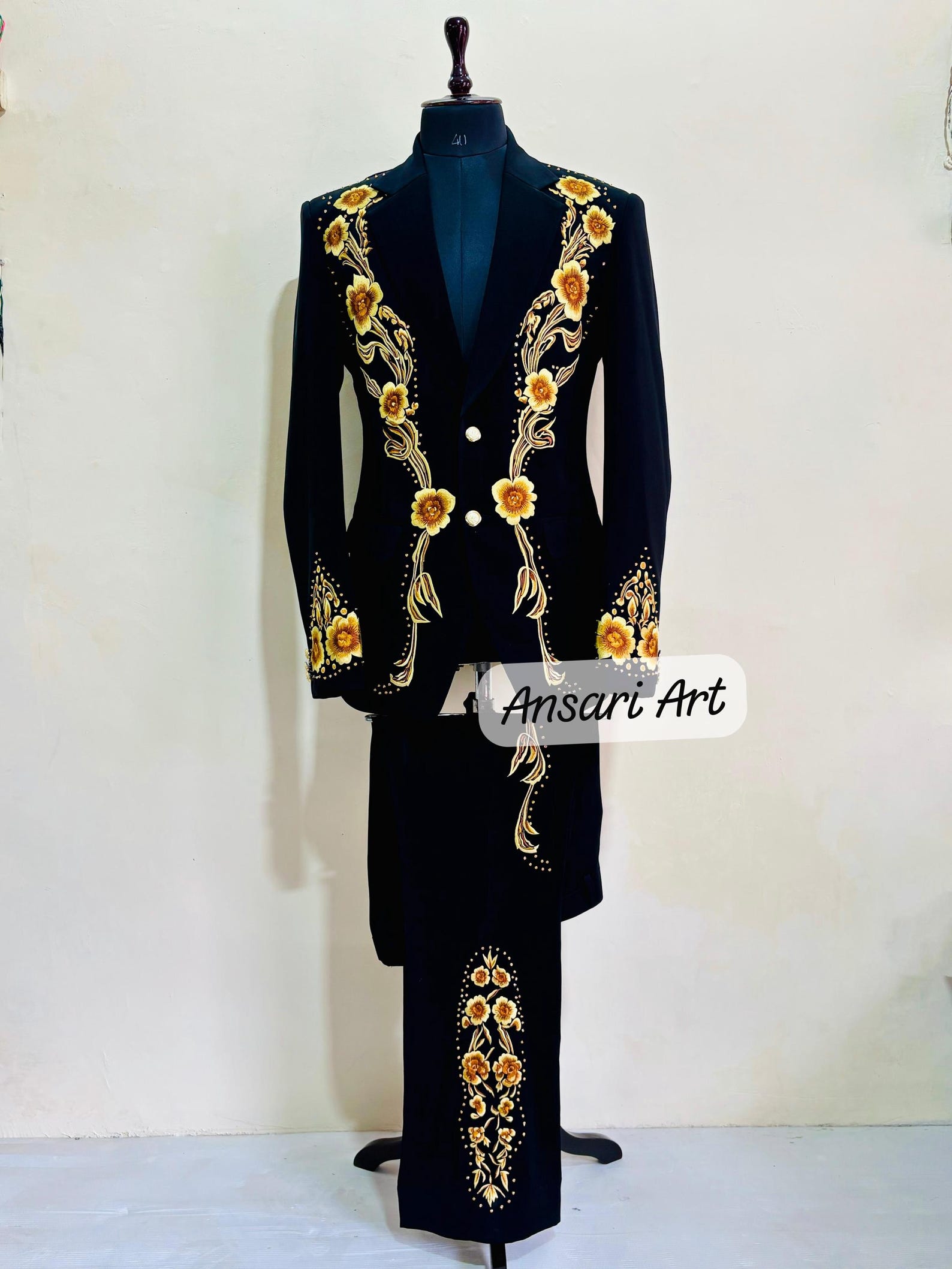 Men Black 2pc Customized Western Nudie Suit Floral & Eagle Embroidered ...