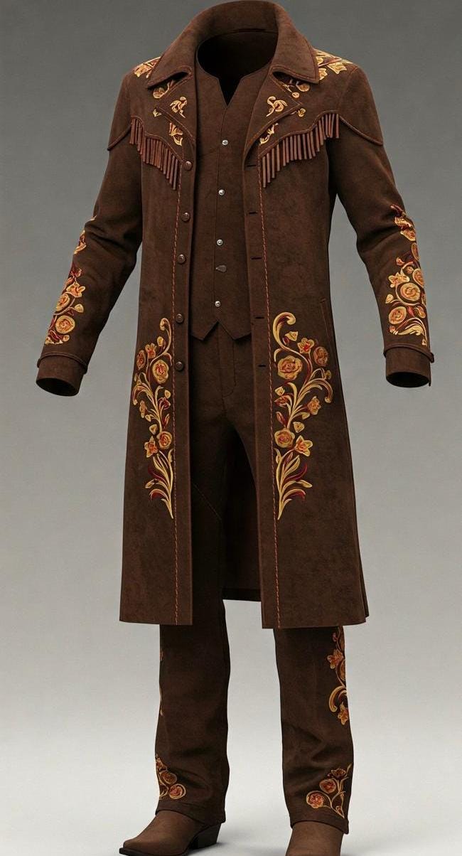 Men Designer Brown 3pc Customized Long Coat Floral Embroidered Country ...