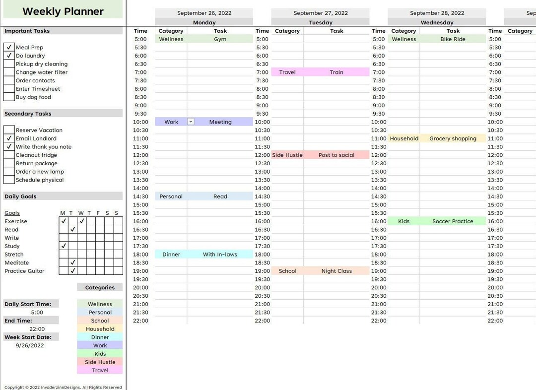 Weekly Planner Excel, Minimalistic, Task List, Daily Goals - Etsy