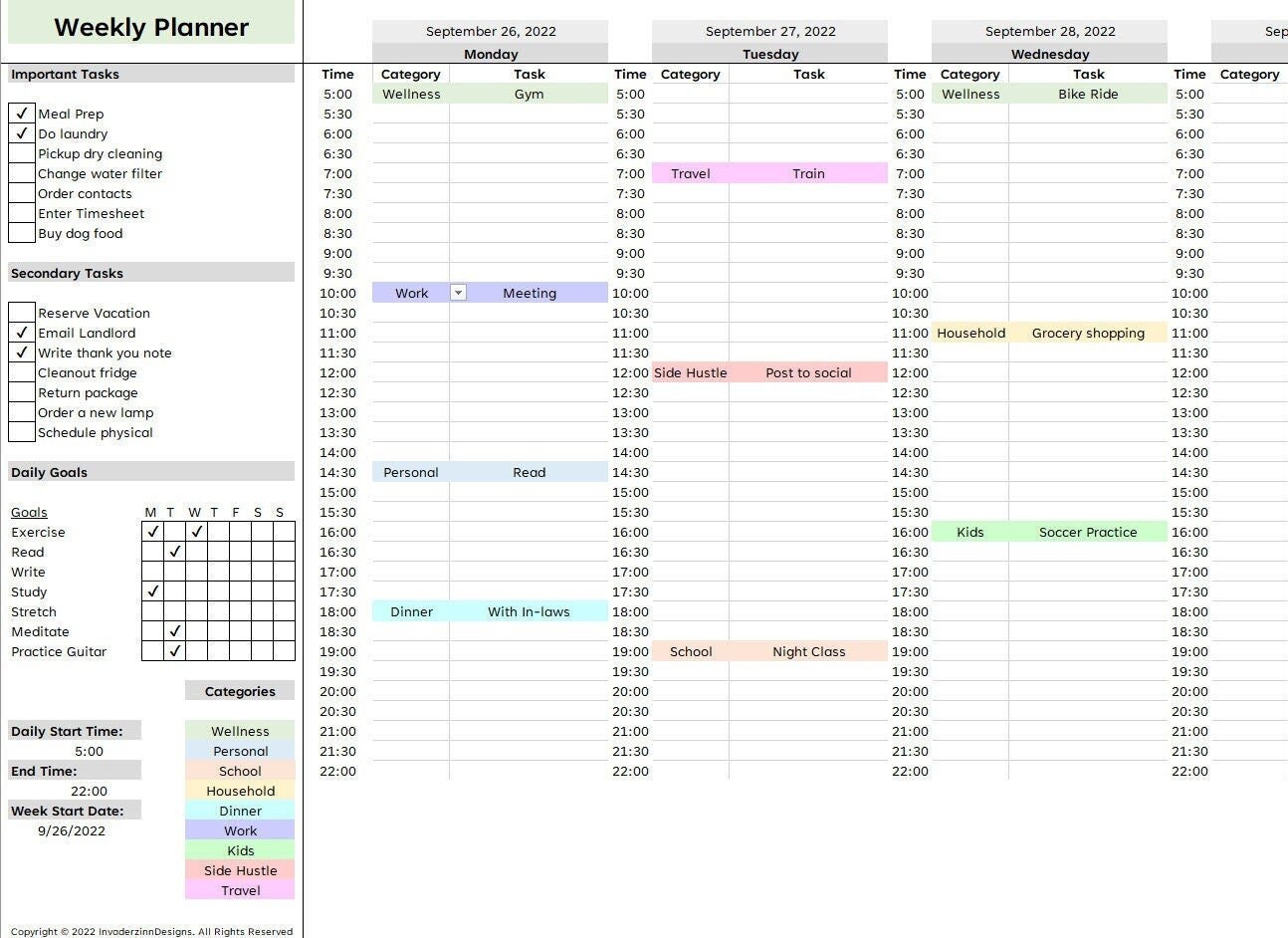 Weekly Planner Excel, Minimalistic, Task List, Daily Goals - Etsy