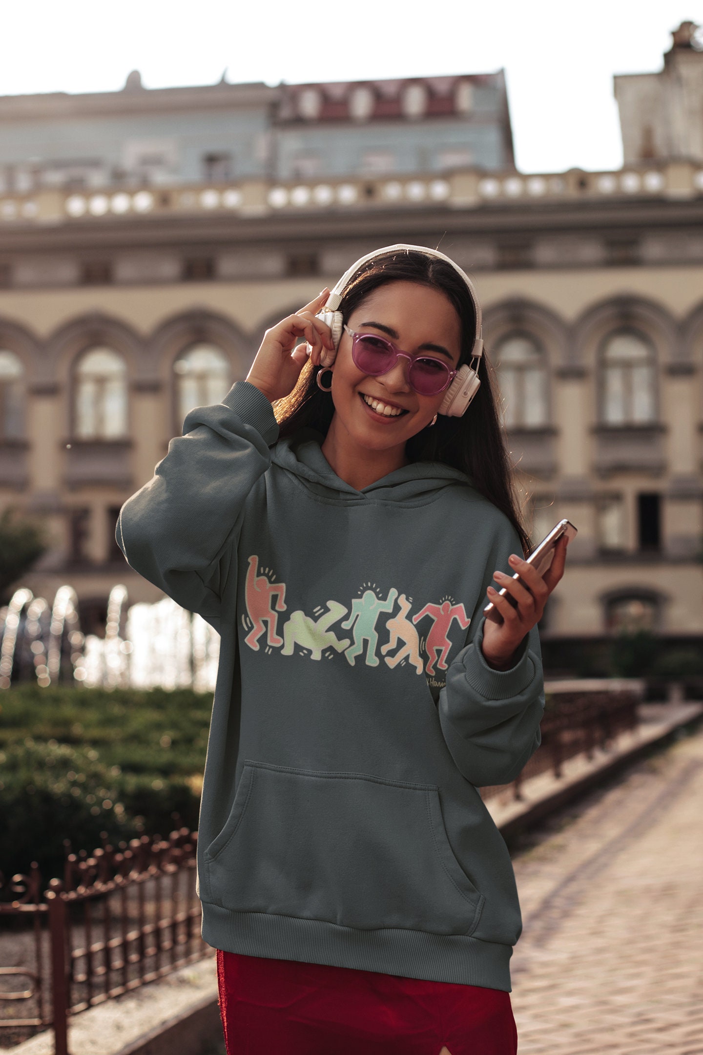 Vintage Pastel Hoodie - Keith Haring Dancing Figures - Retro Pop Art Hoodie