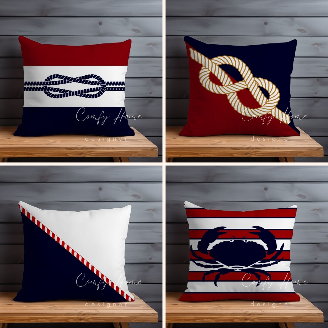 Nautical Outdoor Pillow Cover, Navy Blue Red White Accent Throw Pillow ...