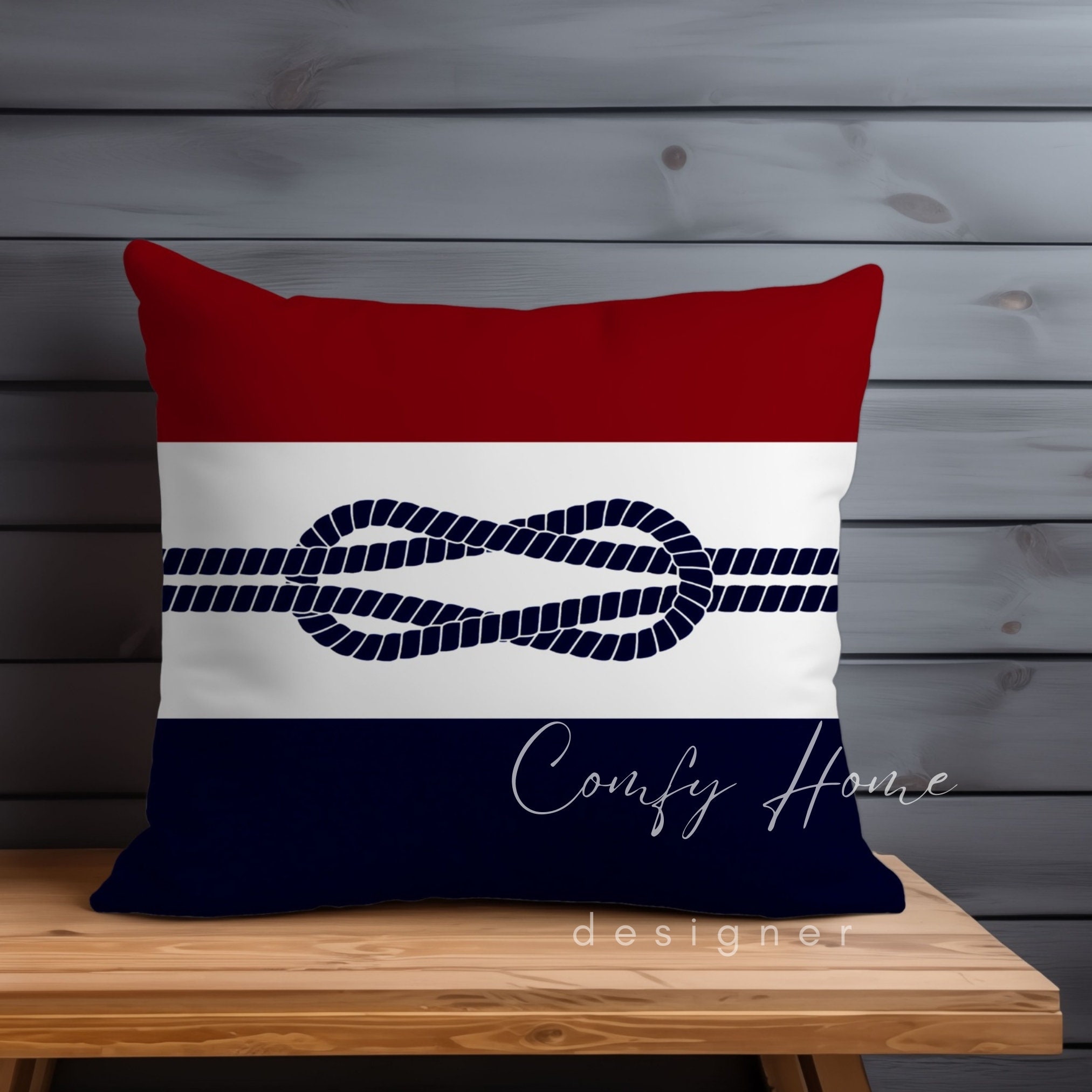 Nautical Outdoor Pillow Cover, Navy Blue Red White Accent Throw Pillow ...