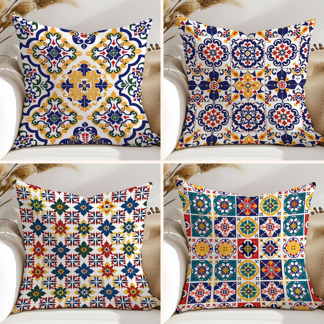 Tile Pattern Pillow Cover, Navy Blue Tile Design Cushion, Tile Throw ...