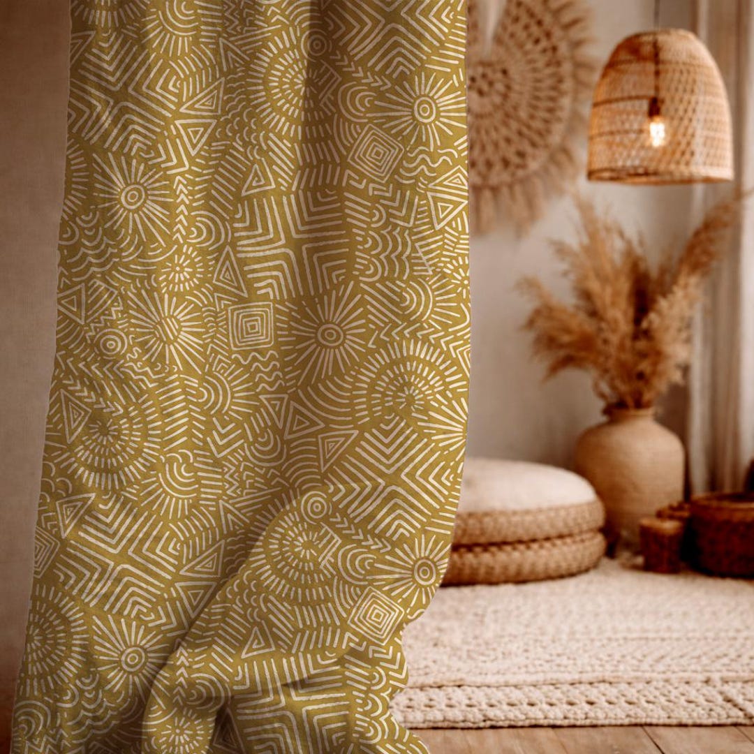 Mustard Yellow Linen Curtain Panel, Geometric Floral Print, Boho Window ...