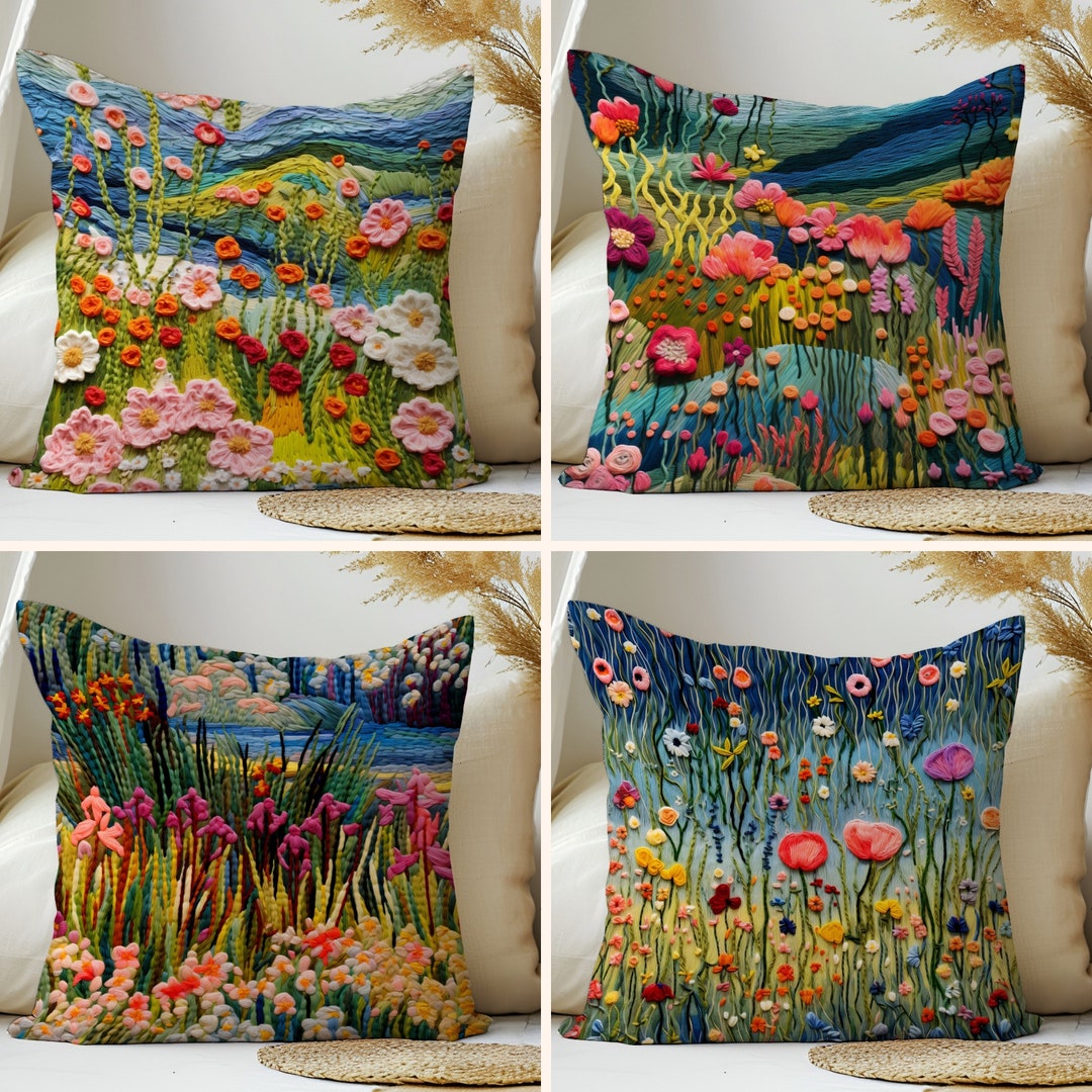 Wildflower Artificial Embroidered Throw Pillow Cover, Floral Design ...