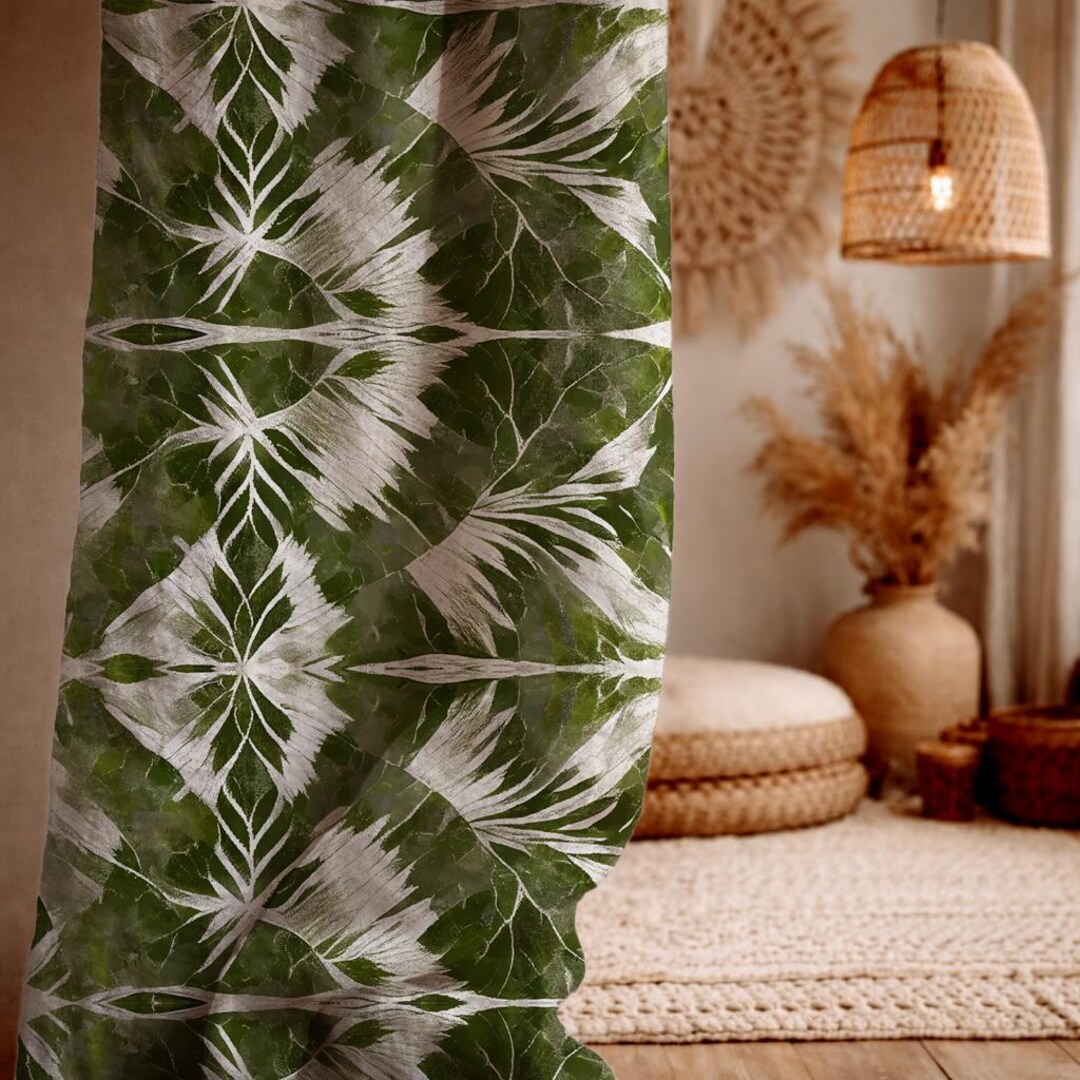 Green Tropical Linen Curtain Panel, Art Deco Floral Print - Etsy