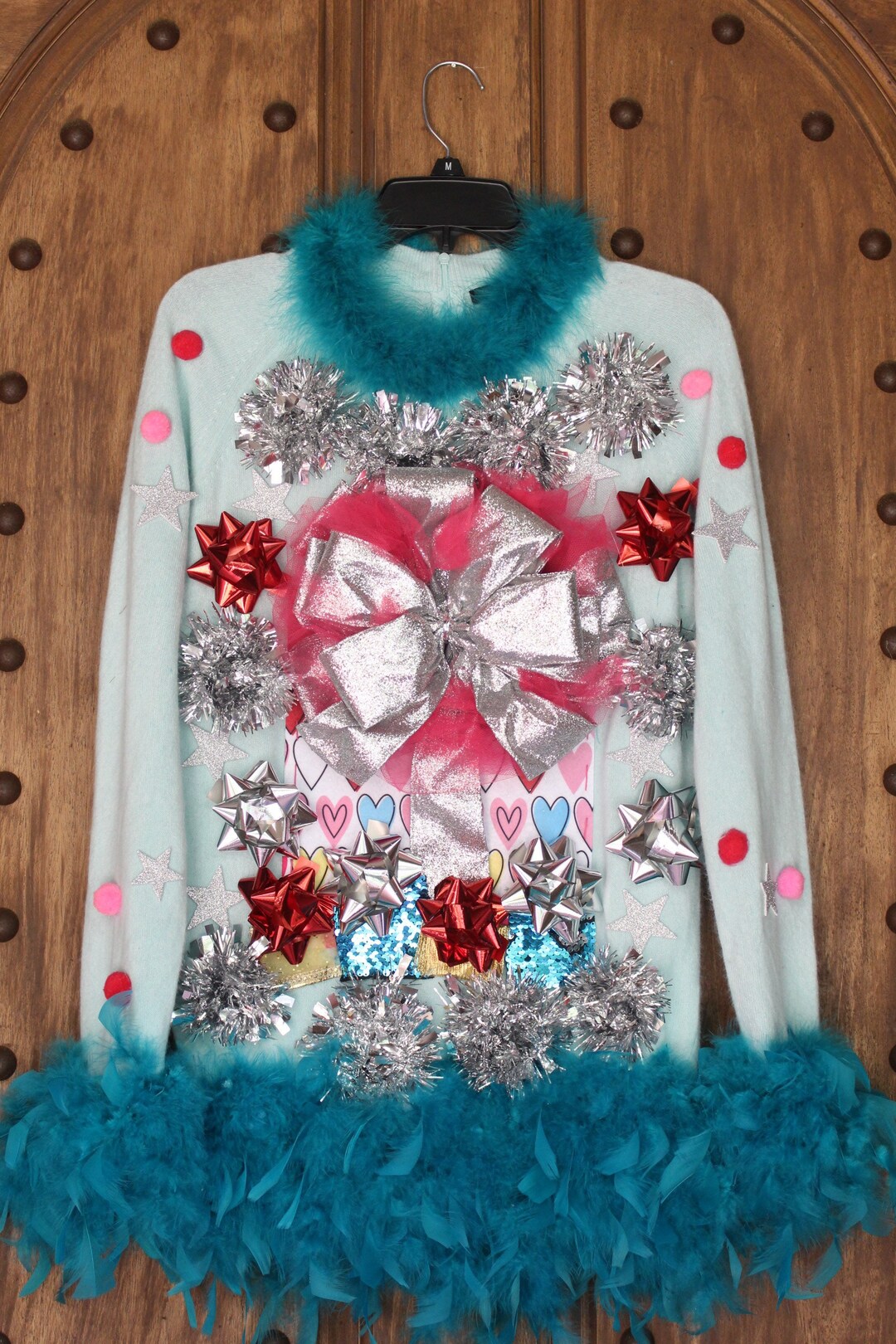 Handmade Tacky Ugly Christmas Sweater, Present, Womens, Feather Boa ...