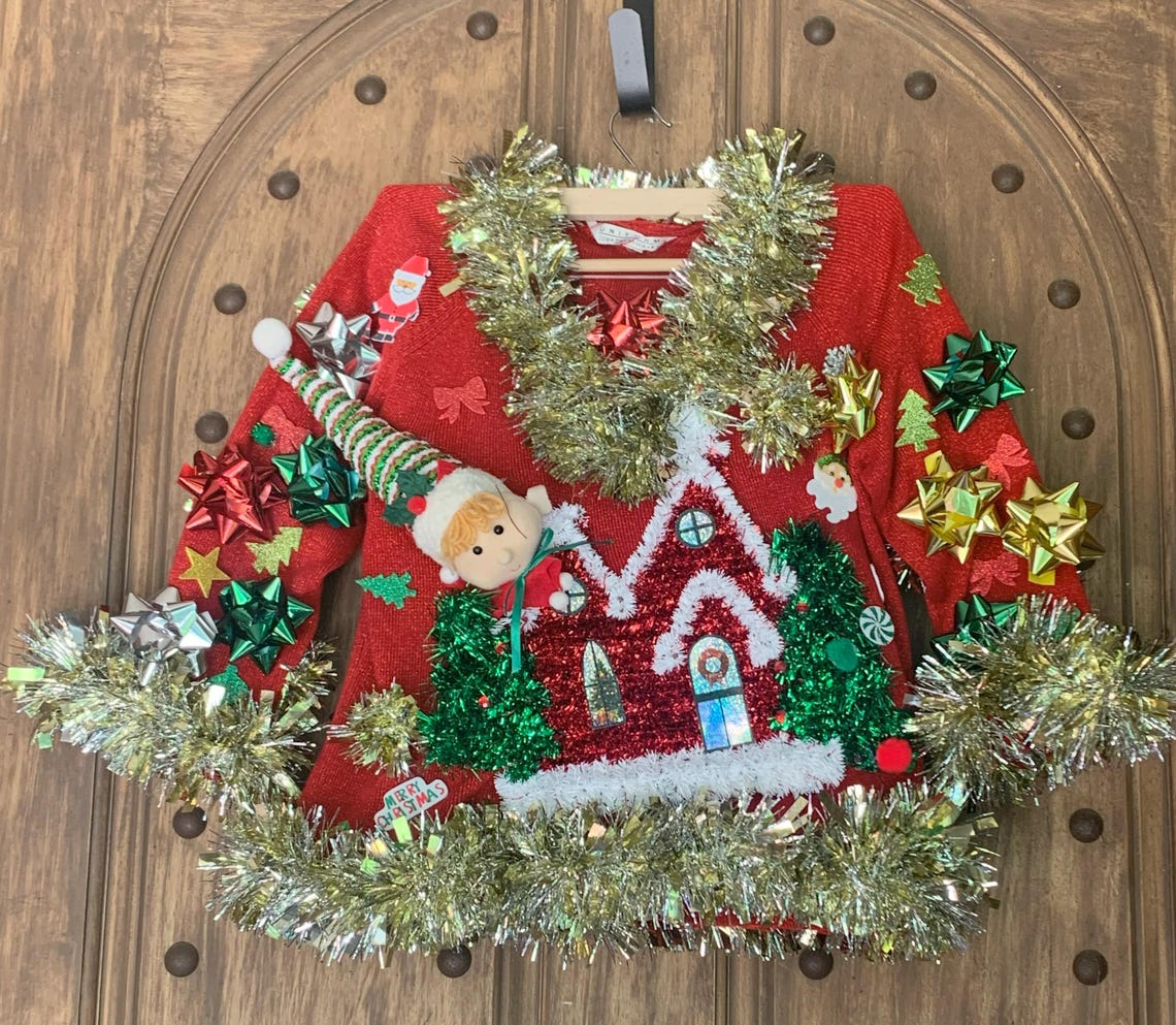 Small Tacky Ugly Christmas Sweater, Elf House Garland Trim, Women ...