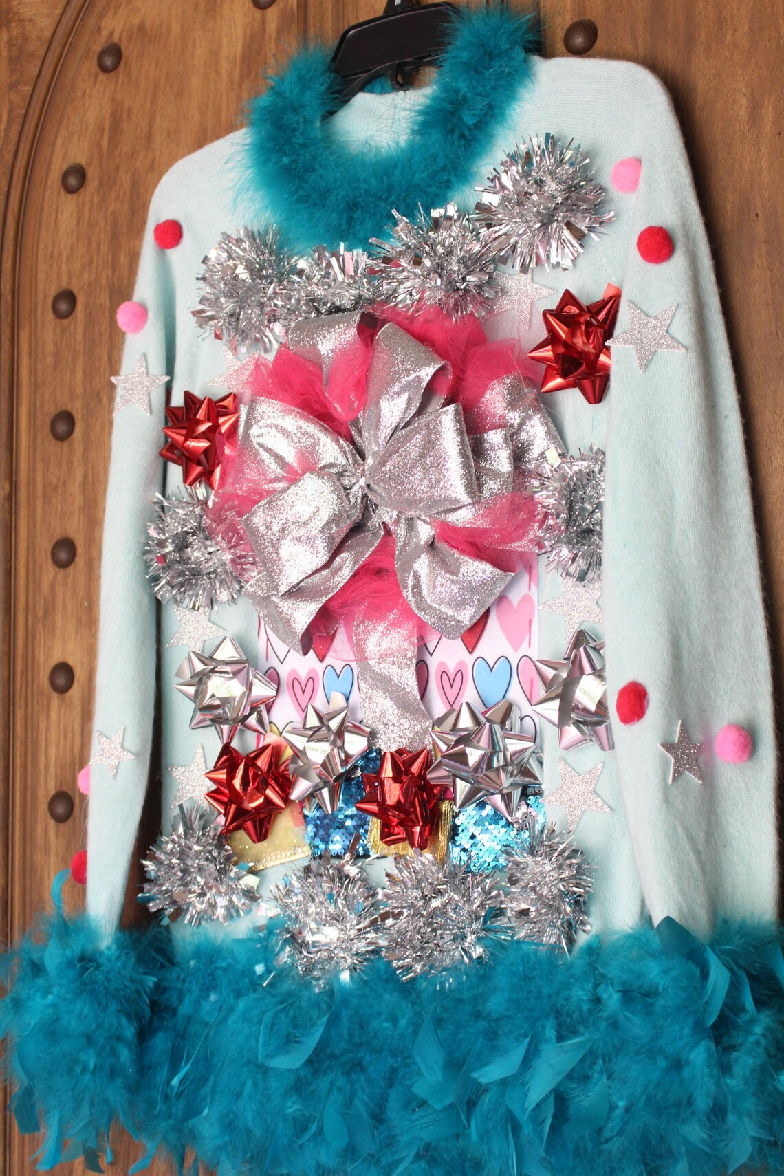 Handmade Tacky Ugly Christmas Sweater, Present, Womens, Feather Boa ...