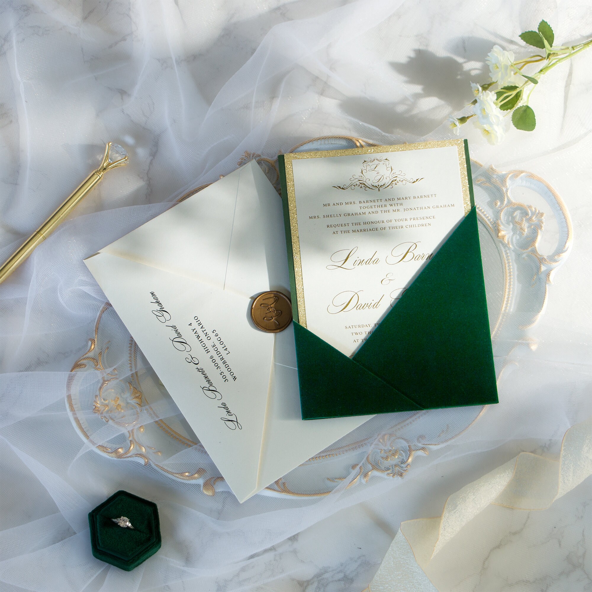 Emerald Green Velvet Panel Pocket Wedding Invitations, Insert Design ...